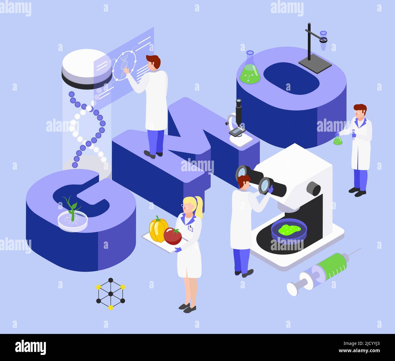 Food bio engineering process isometric composition with big gmo letters ...