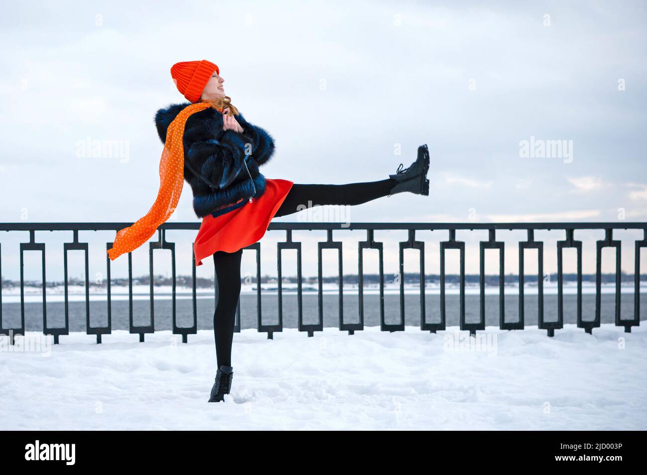Dancing Ballerina Girl Outdoors in Winter Walk. Young Positive Woman in ...