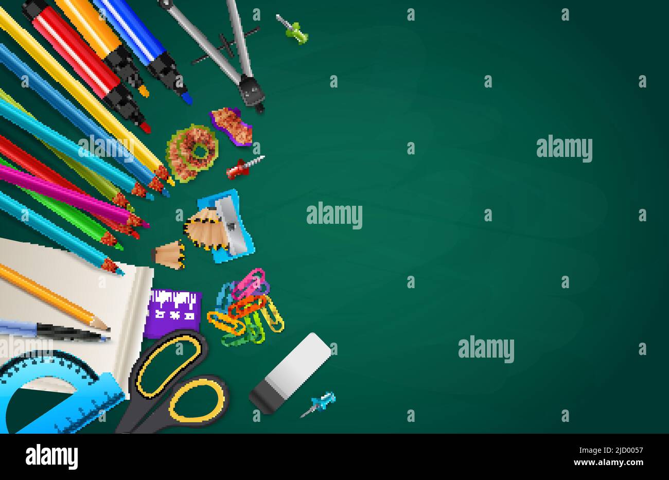 Back to school composition with various stationary objects on chalk ...