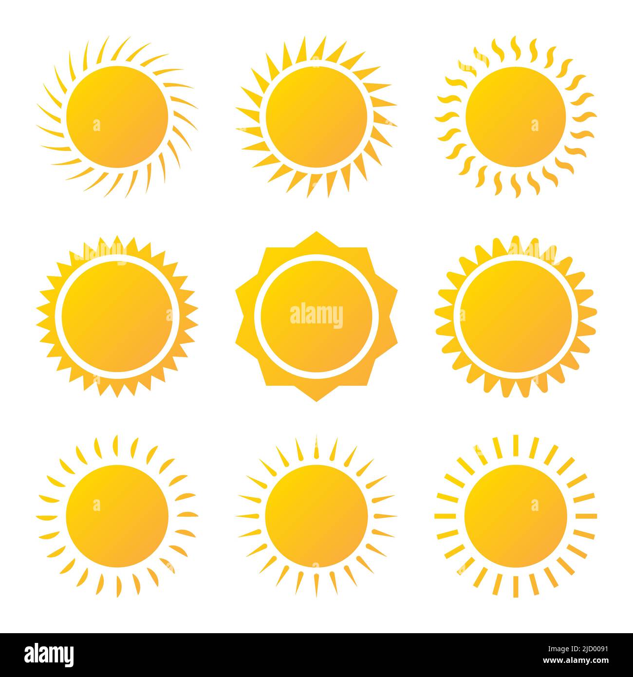 Sketch set yellow sun on white backdrop. Abstract light. Summer objects ...