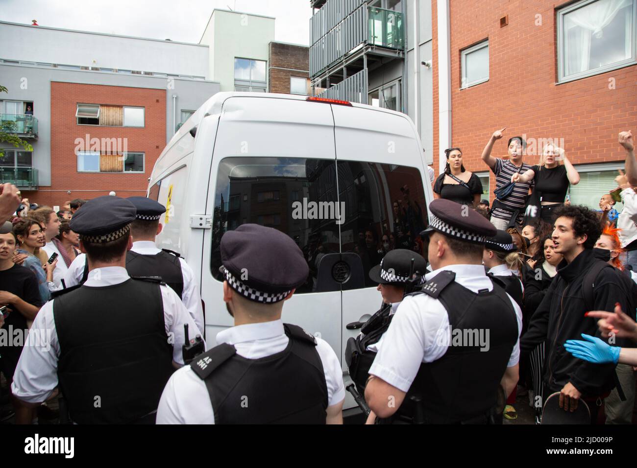 11 June 2022 Police officers leave Evan Cook Close, Queens Road after a ...