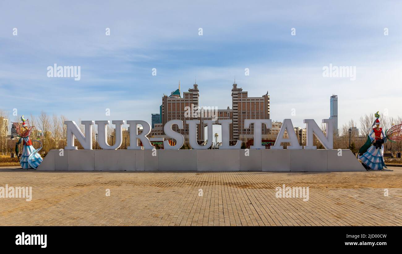 Nur Sultan city logo sign in Lovers Park with Nur Sultan (Astana ...