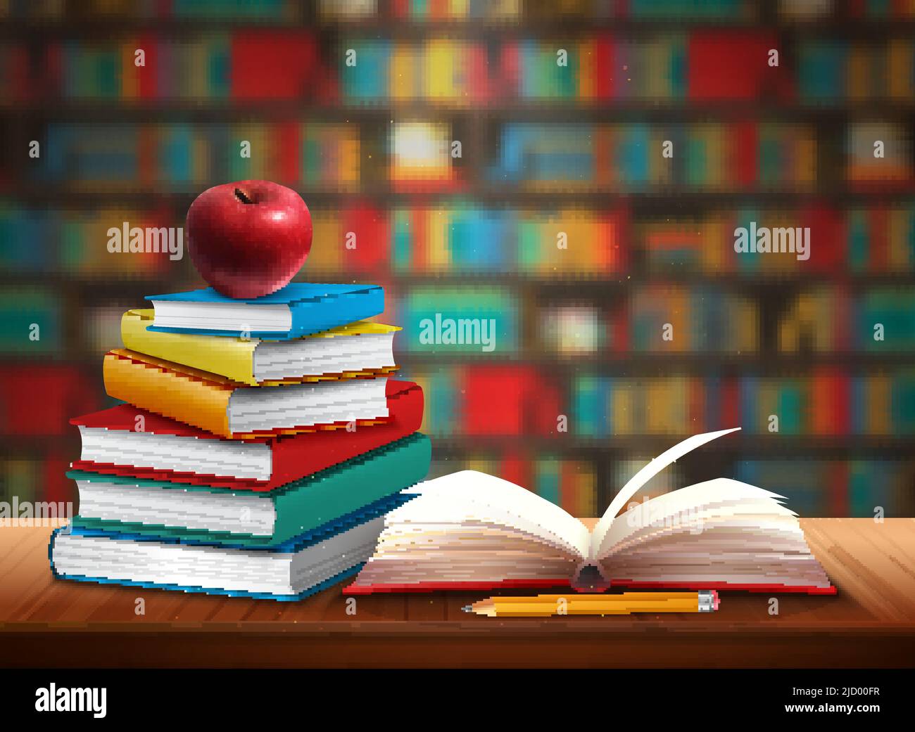 Back to school background with books pencil and apple on table in ...