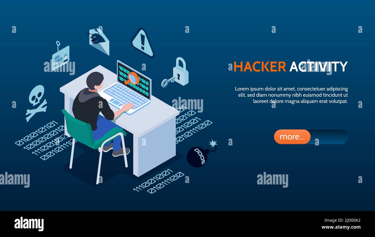 Cyber security isometric horizontal banner with hacker sitting in front ...