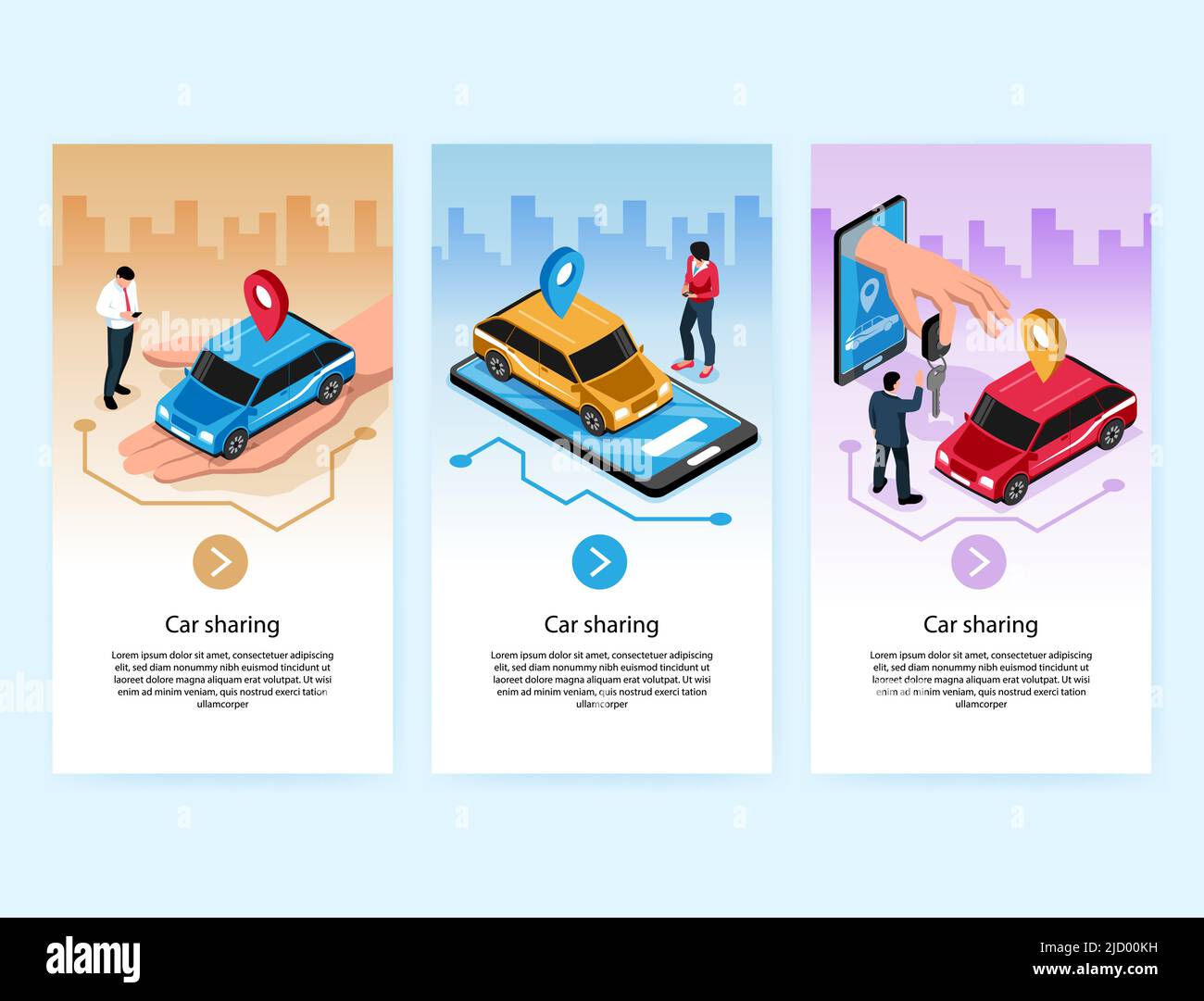 Car sharing online service symbols 3 isometric vertical web banners ...