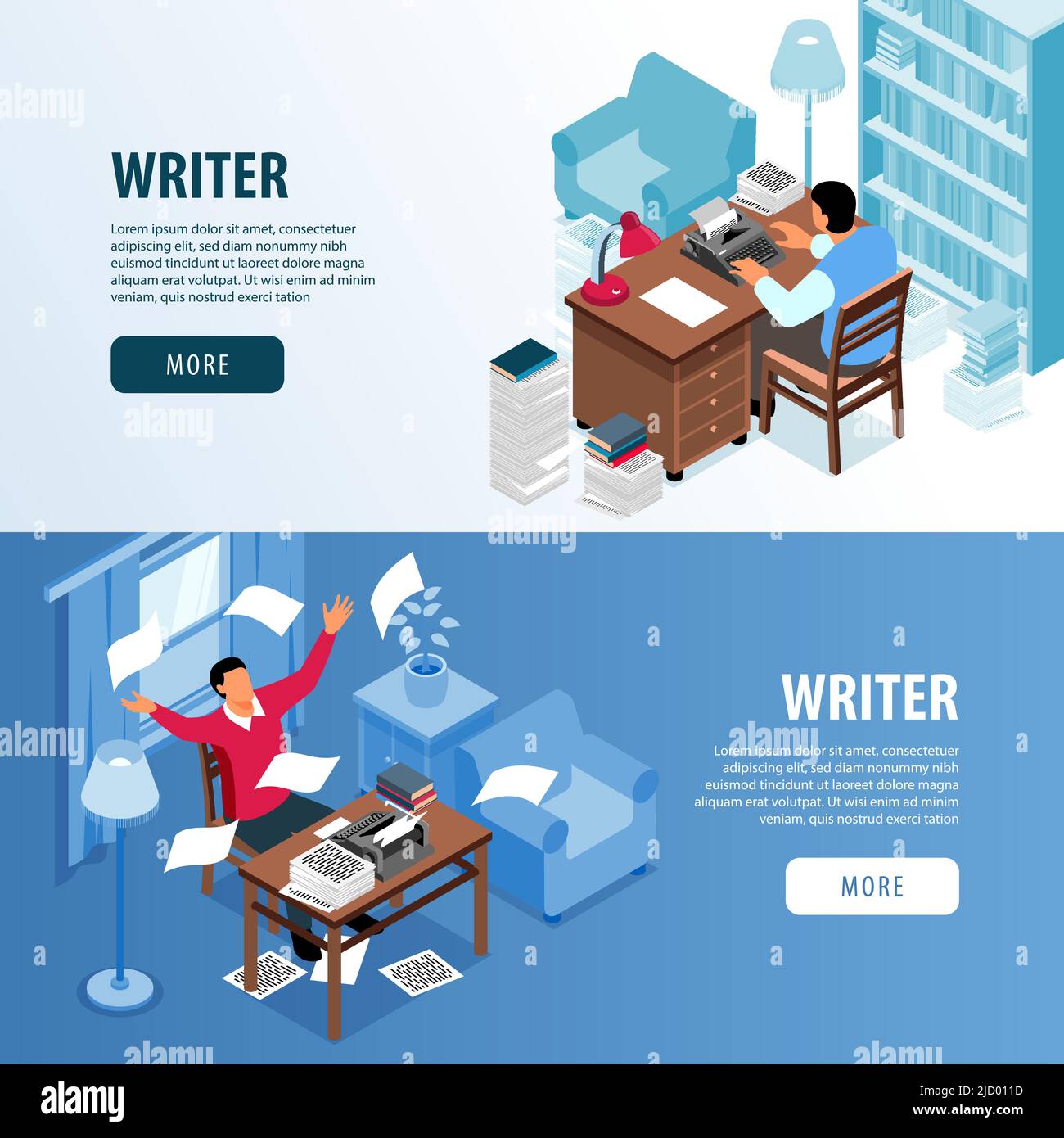 Writer workplace inspiration 2 isometric horizontal web page banners ...