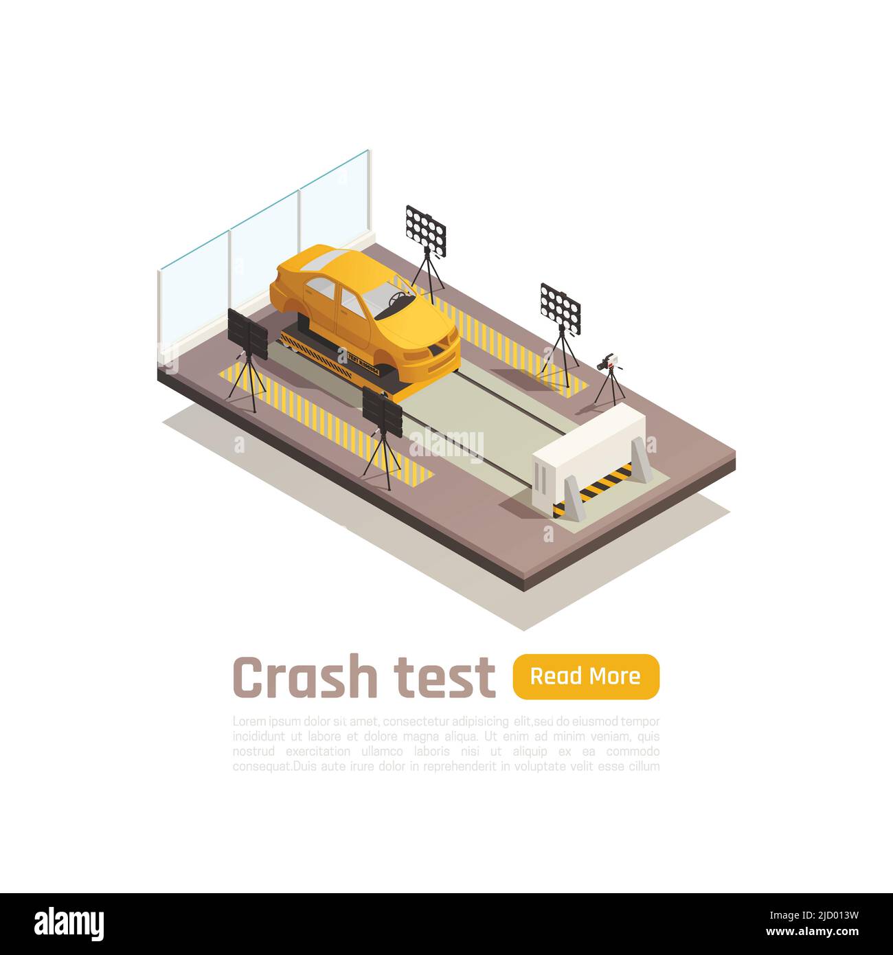 Crash Test Car Safety Isometric Composition With Image Of Car On Testing Fixture With Editable