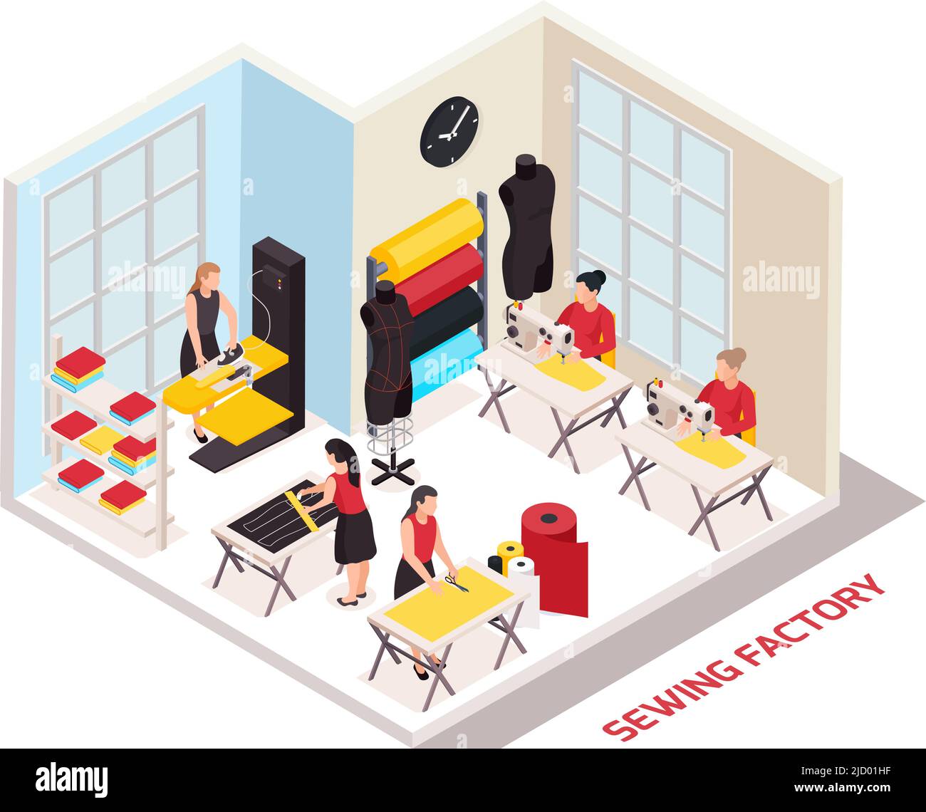 Sewing factory isometric composition with seamstresses and clothes ...