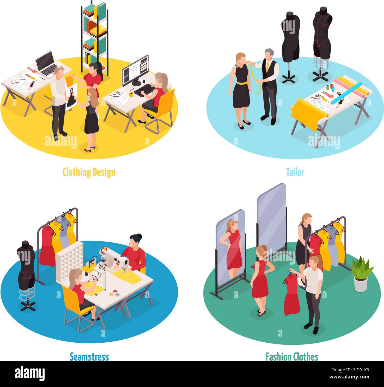 Clothes factory and fashion store 2x2 design concept with designer ...