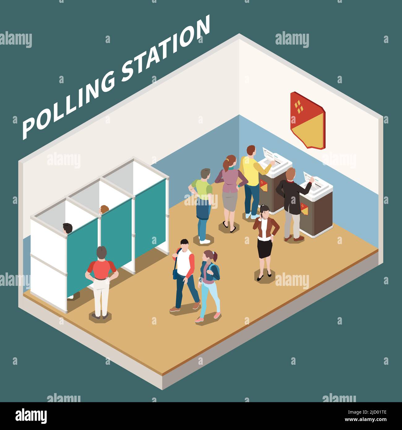 Polling station isometric background with voting booth and electorate ...