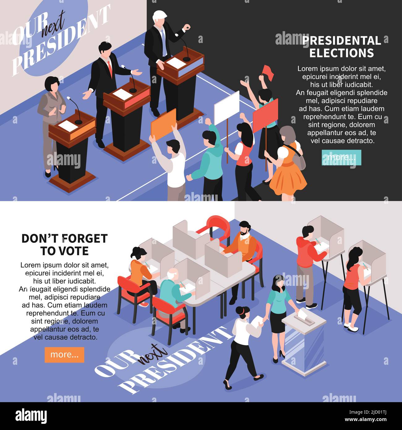 Isometric election banners with images of debates and voting human ...