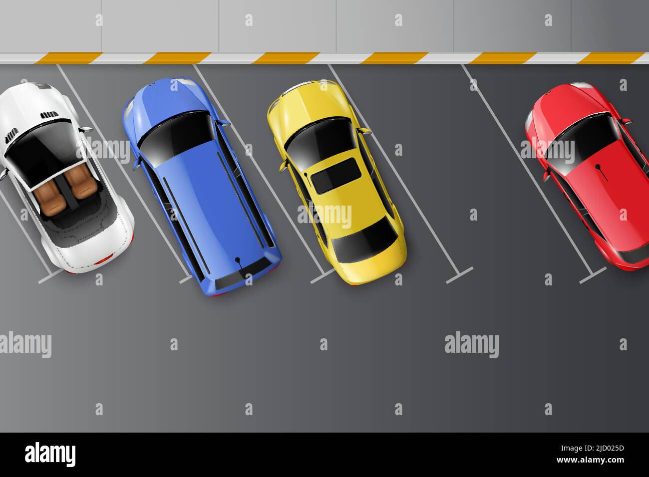 Cars top view realistic composition with parking space marks on asphalt ...