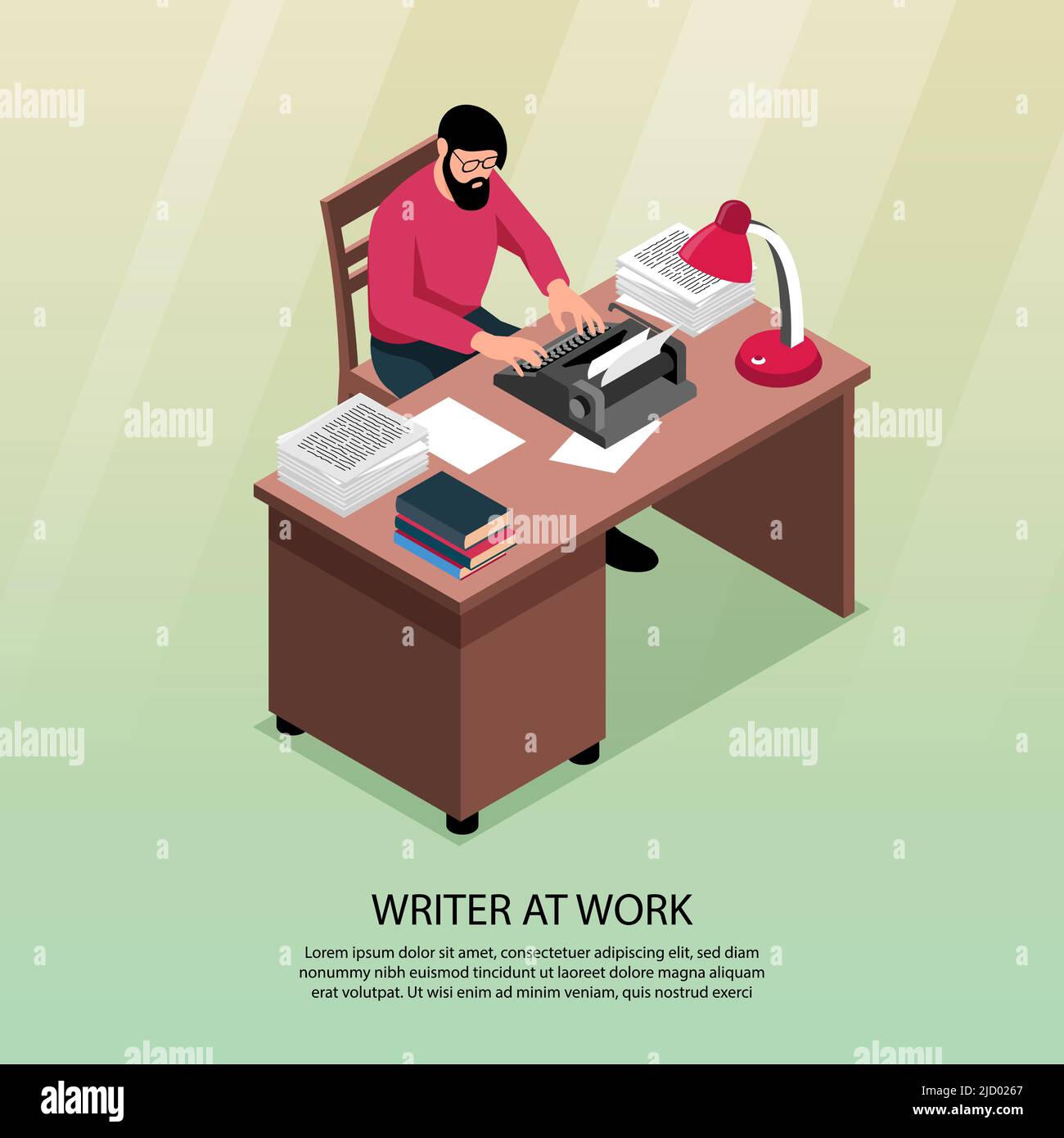 Writer at work isometric composition with traditional workplace ...