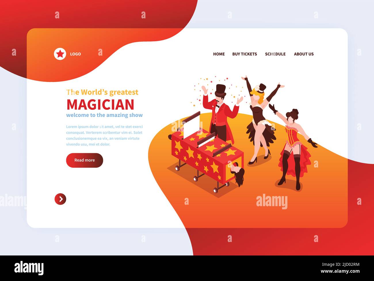 Isometric magician showing concept banner with clickable buttons links ...