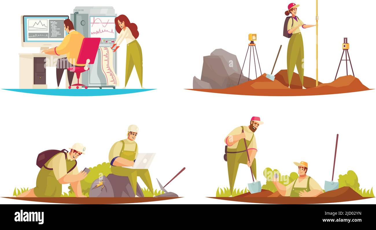 Set of four flat isolated geologist compositions with doodle style ...