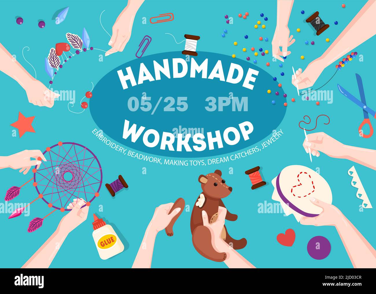 Handmade creative workshop announcement poster with date time hands ...