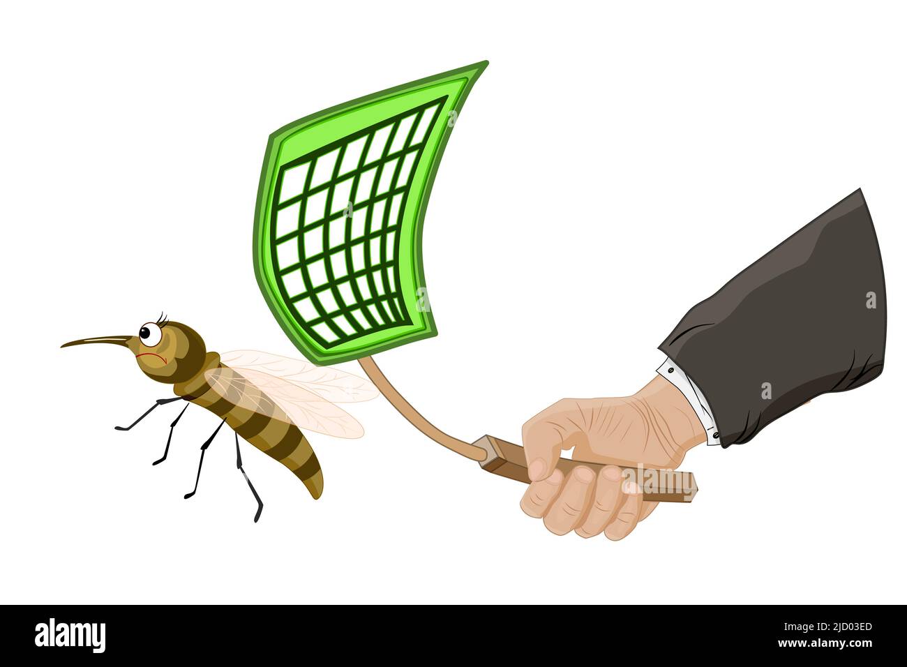 Fly and flyswatter in hand.Hand killing fly with swatter.Man trie to ...