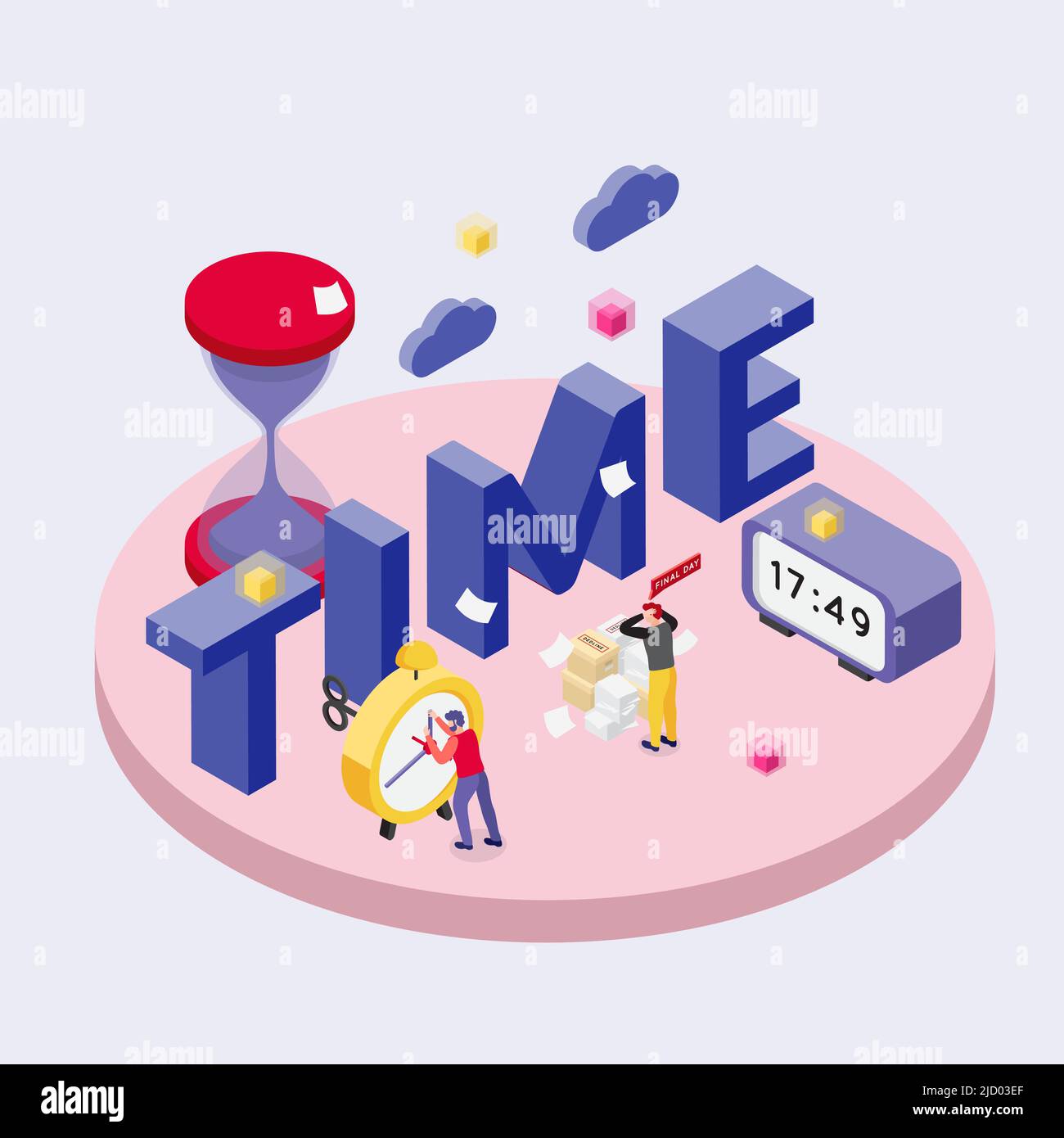 Deadline isometric background with round composition of images text and ...