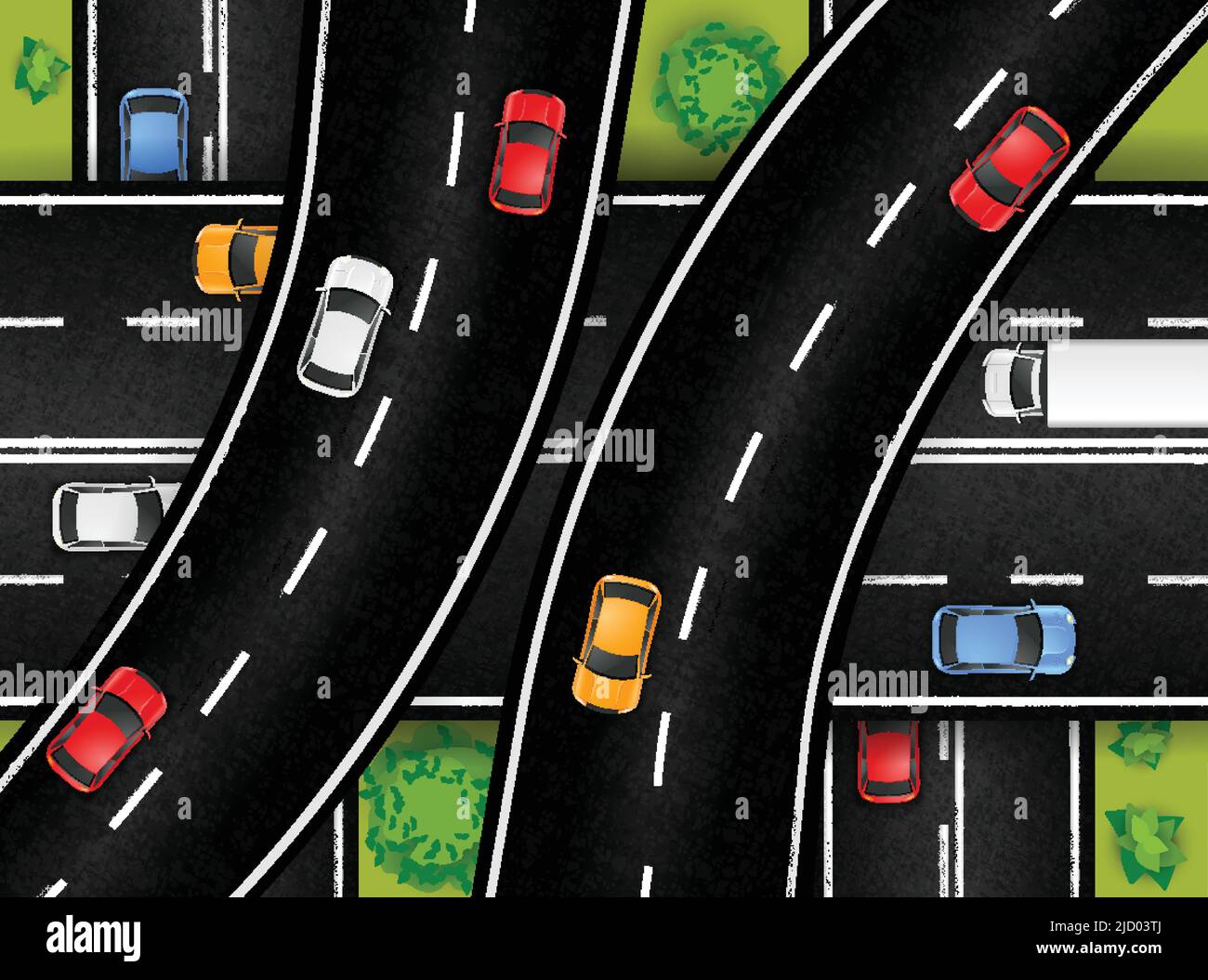 Road junction top view composition with outdoor scenery and motorway ...