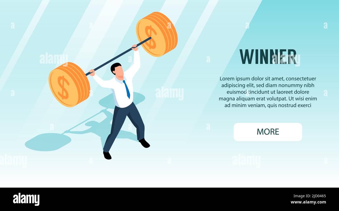 Winner isometric horizontal banner with businessman holding heavy ...