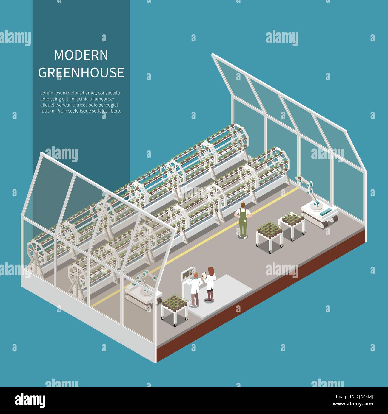 Modern greenhouse isometric concept with farming equipment symbols ...