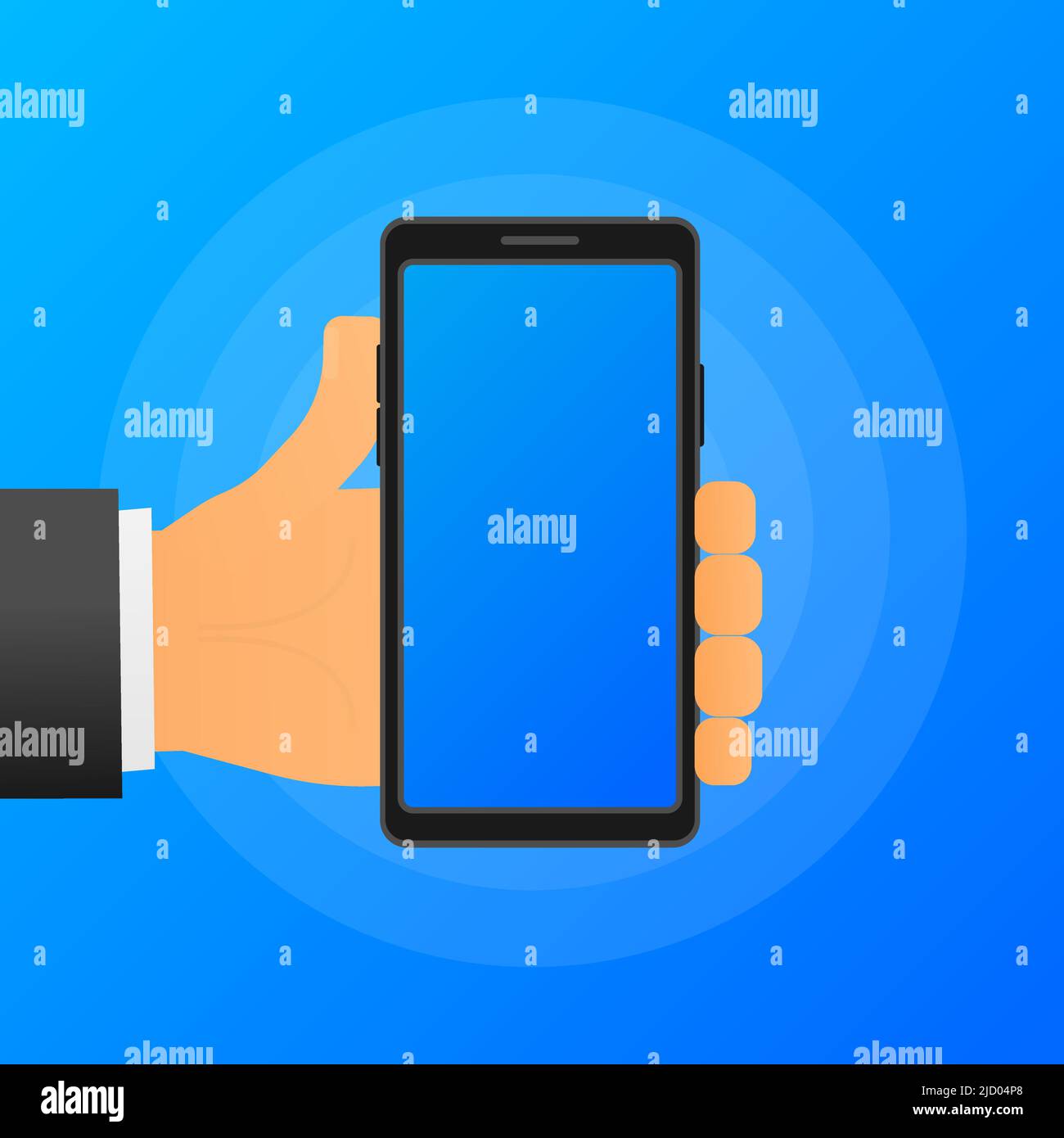 Hand holds phone with blue screen. Phone on blue background. Vector ...
