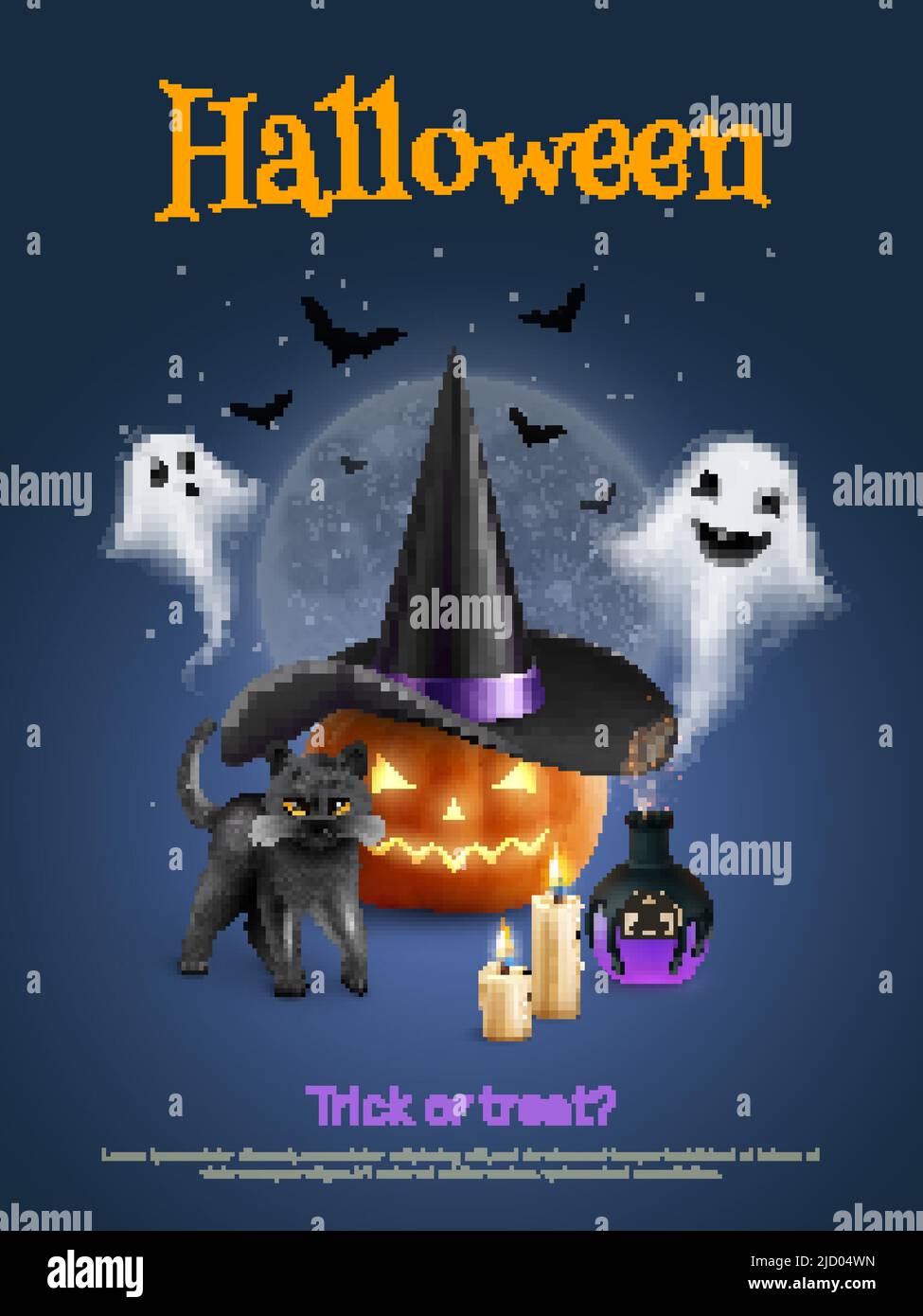 Realistic halloween poster with pumpkin black cat and cute ghosts on ...