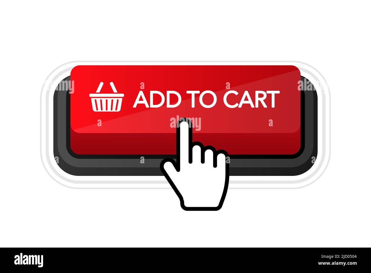 Add to card red button on white background. Hand mouse. Flat 3D button ...