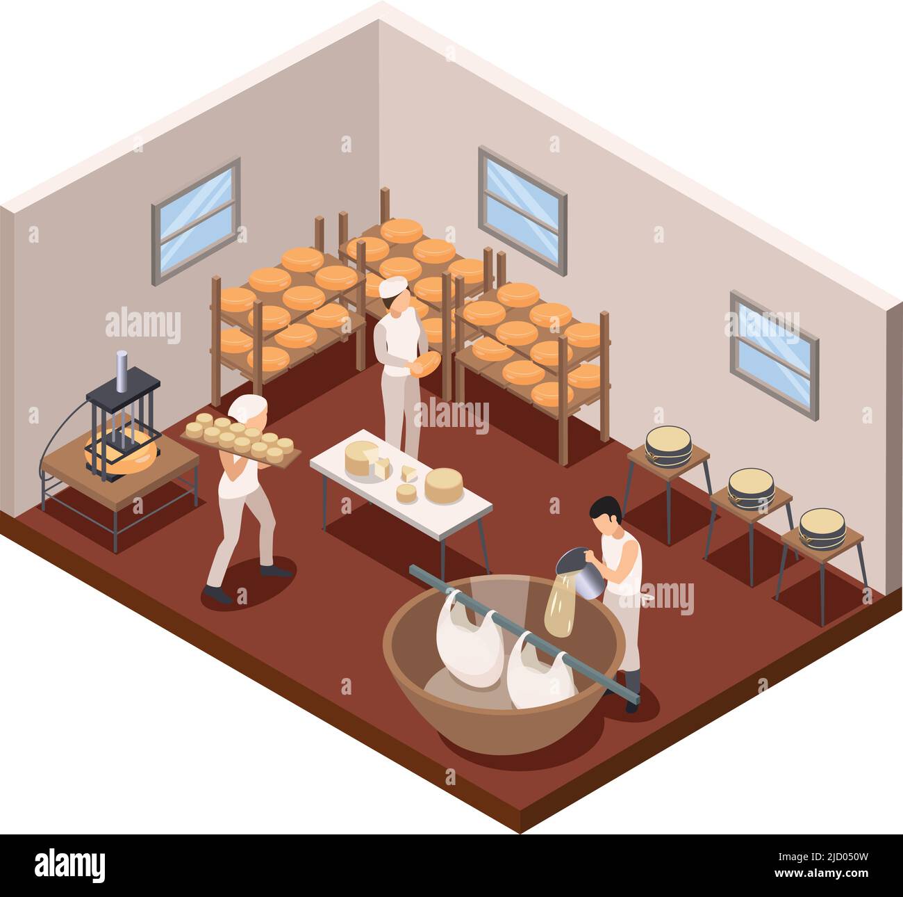 Dairy production concept with cheese making symbols isometric vector ...