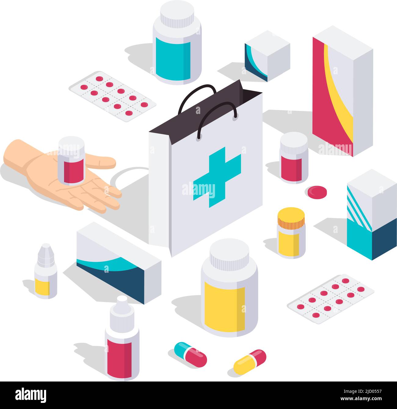 Pharmacy isometric design concept with packing of drugs vitamin pills ...
