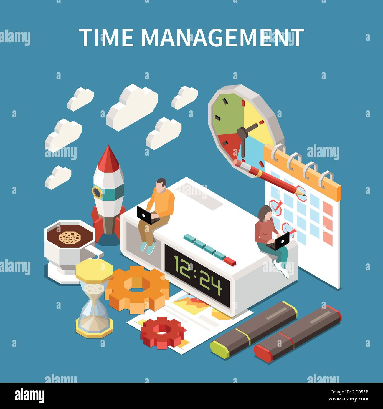Time management concept with deadline at work symbols isometric vector ...
