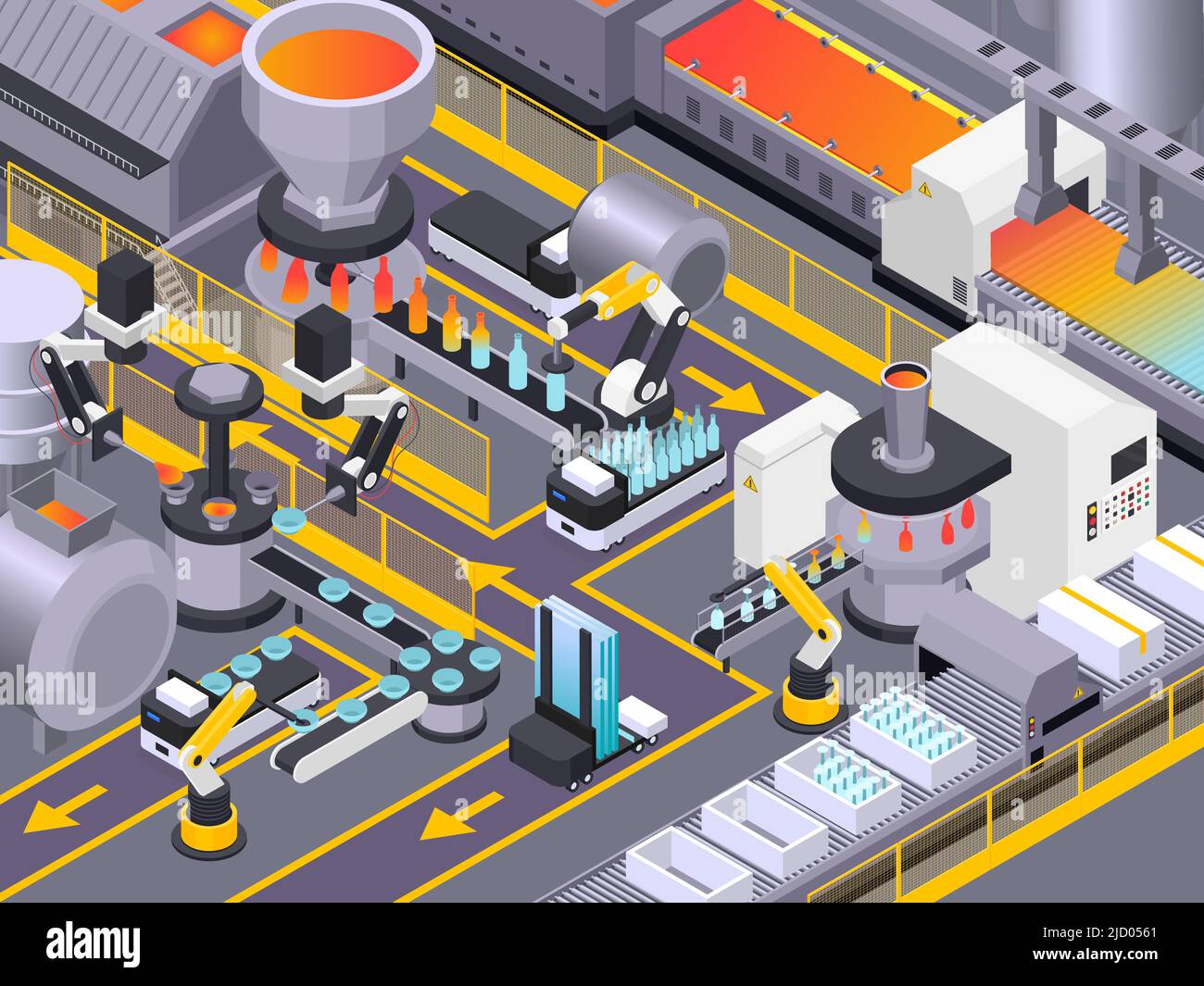 Glass production isometric composition with industrial scenery and ...