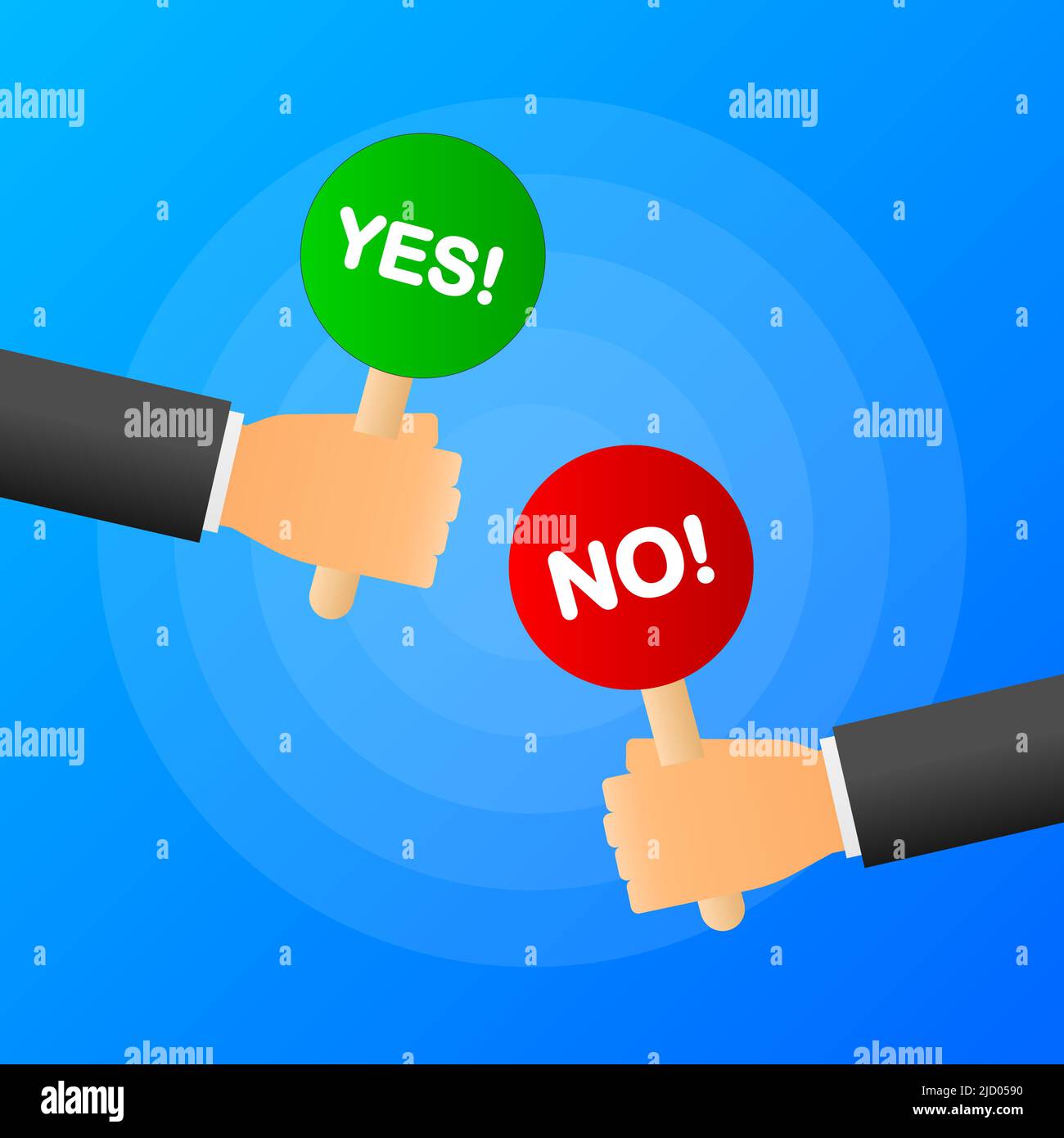 Hands holds sign yes or no. Green or red banner on blue background ...