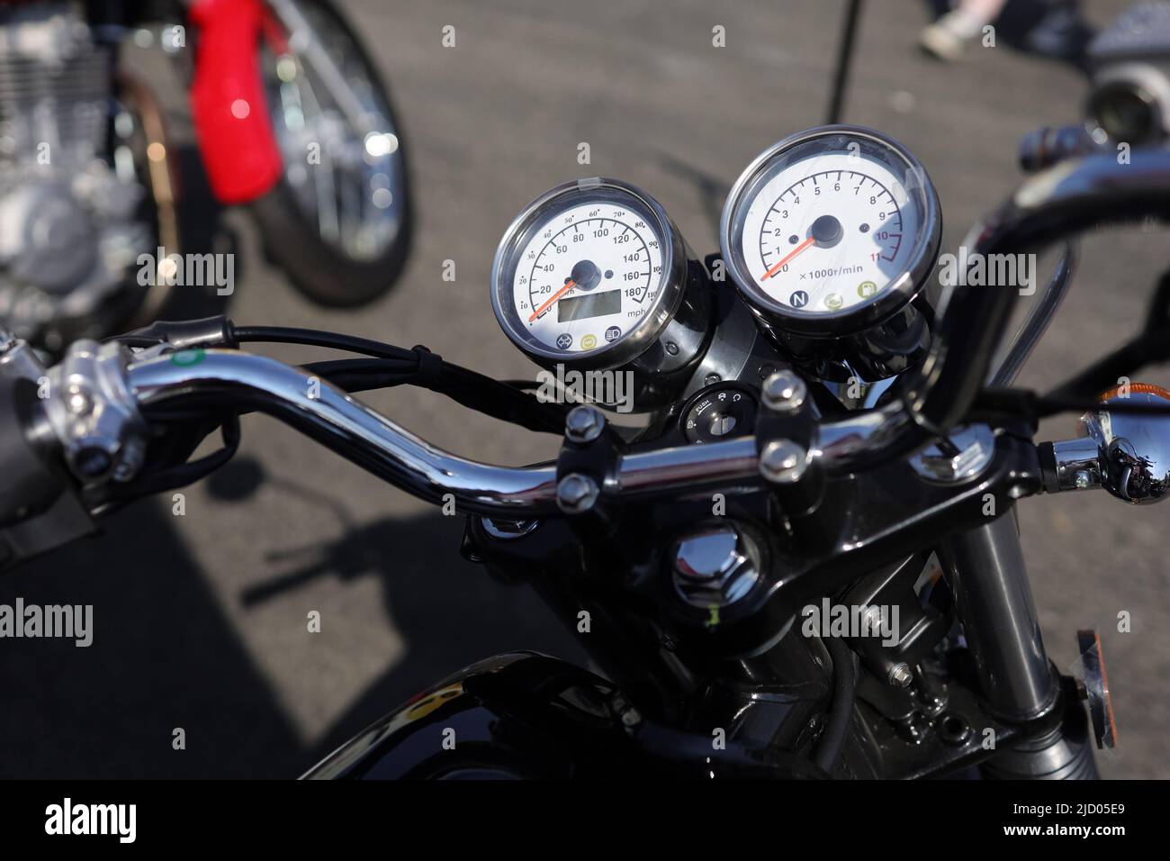 Detail of motorbike and motorcycle - Handlebar and speedometer. Shallow ...
