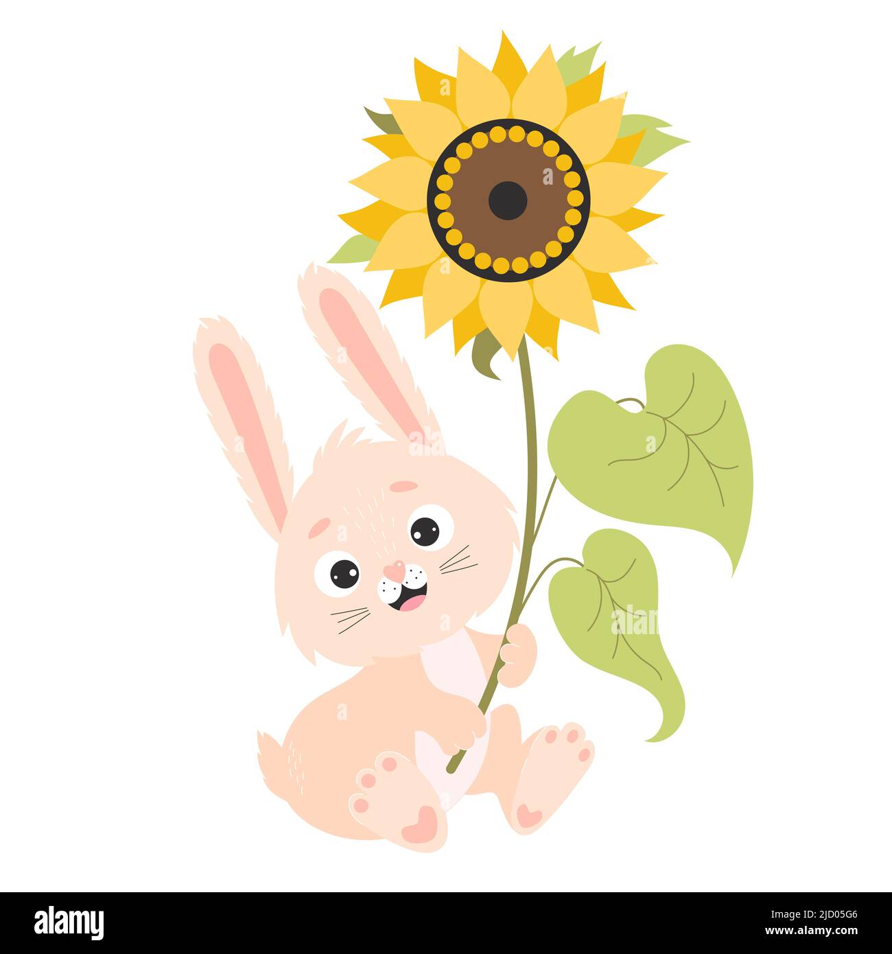 Cute bunny with big yellow sunflower flower. Vector illustration. Funny ...