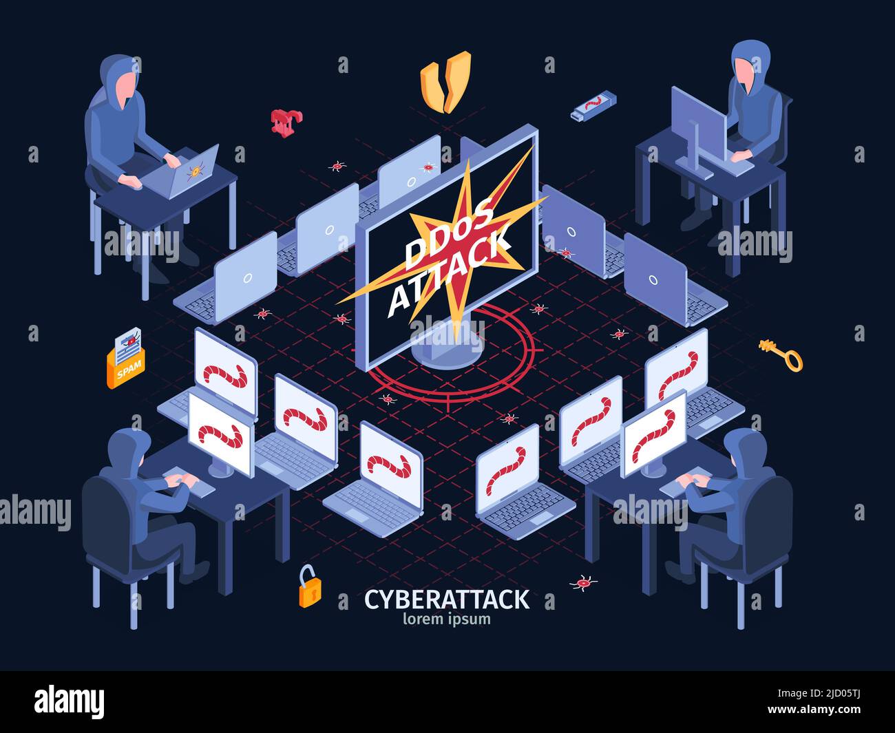 Isometric hacker horizontal composition with text and view of multiple ...