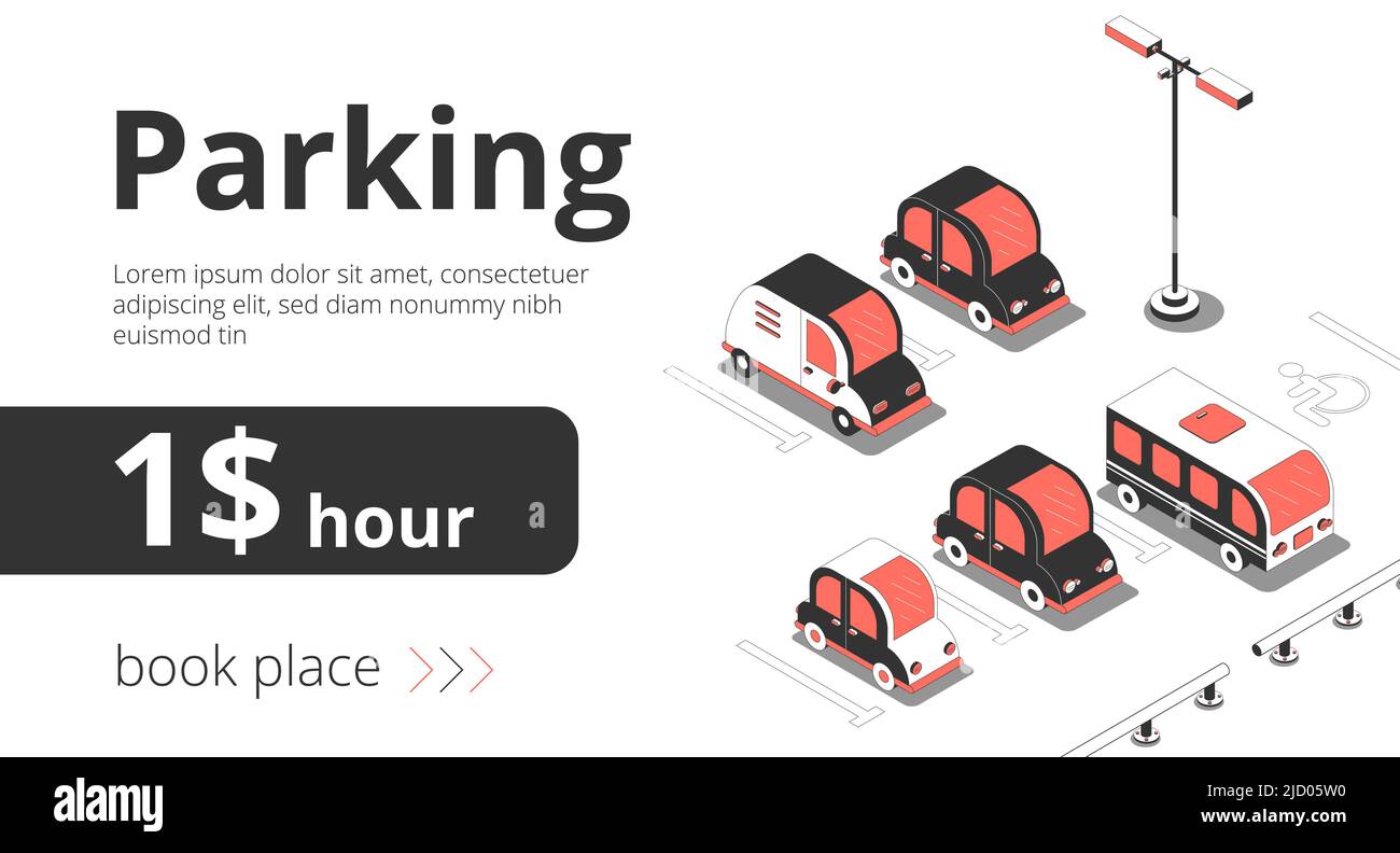 Advertising banner car isometric background with view of parking spots ...