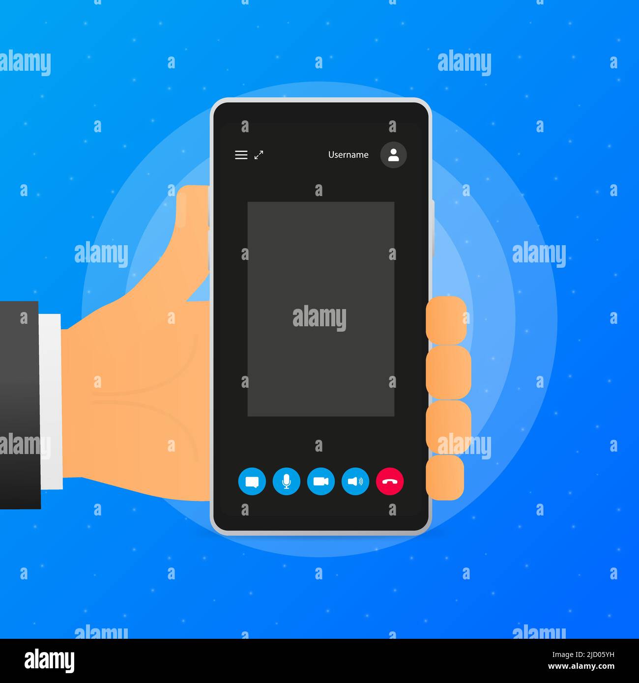 Hand holds phone with a video call on screen. Phone on blue background ...
