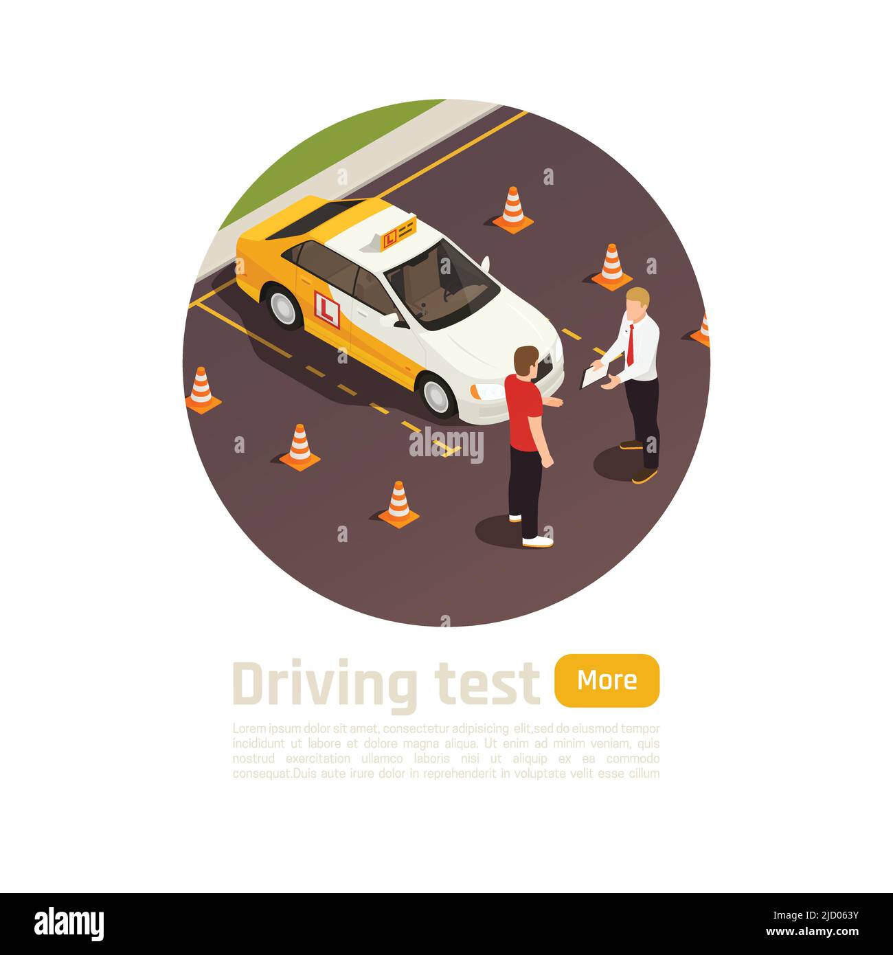 Driving school isometric round composition with circle view of student ...
