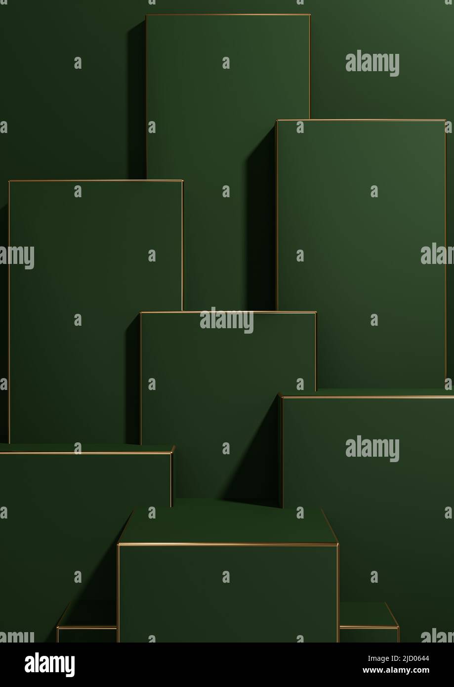 Dark, warm green 3D rendering simple, minimal, geometric background product display pedestal ...