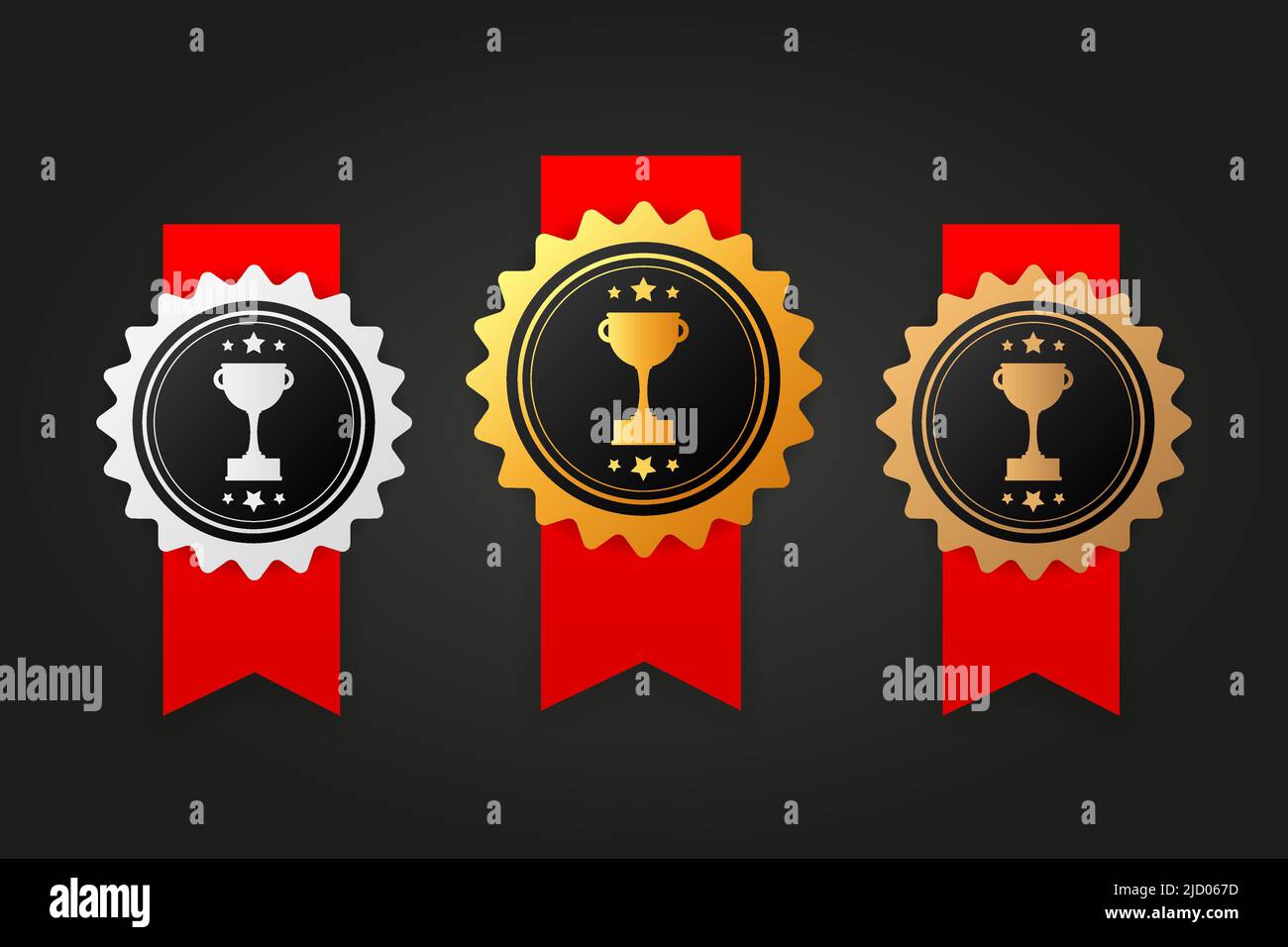 Three rewards winner silver, gold and bronze rubber badge with red ...