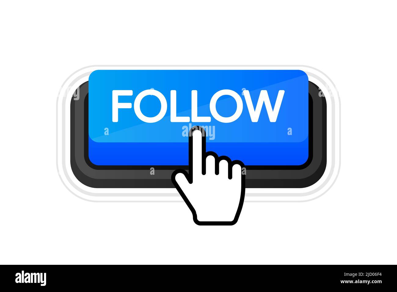 Follow blue 3D button with hand mouse on white background. Vector ...