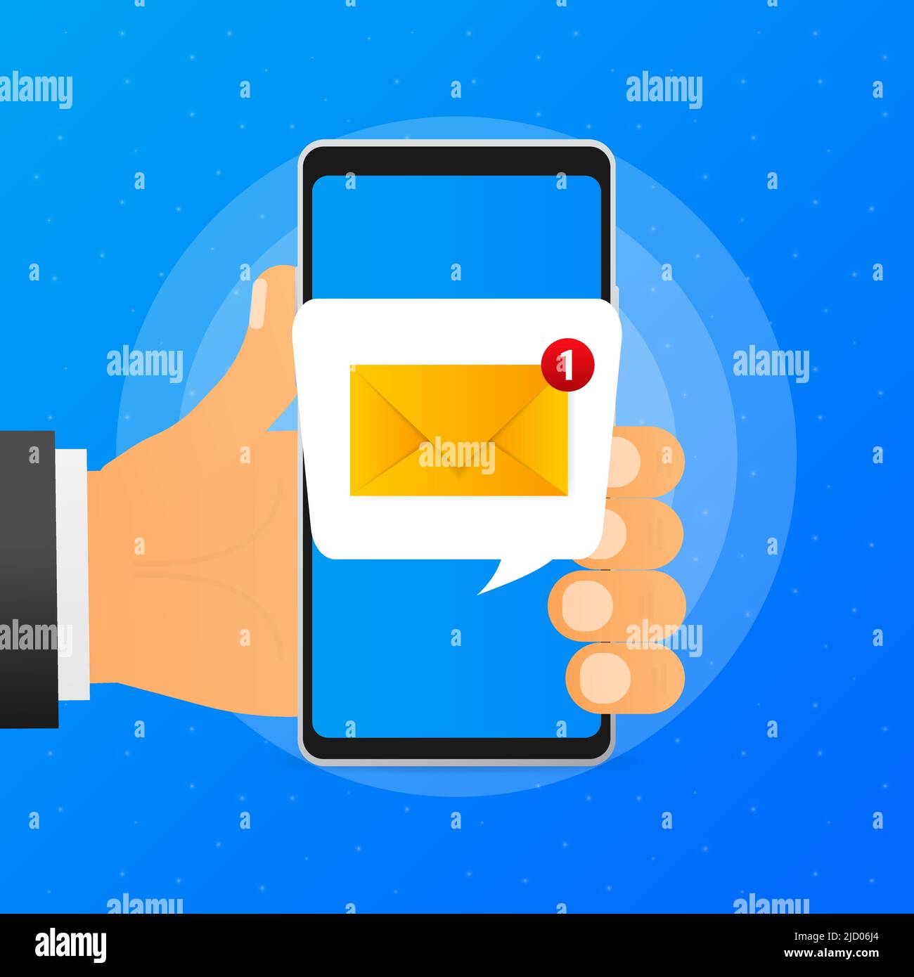 Hand holds phone with mail post new message on blue background. Vector ...