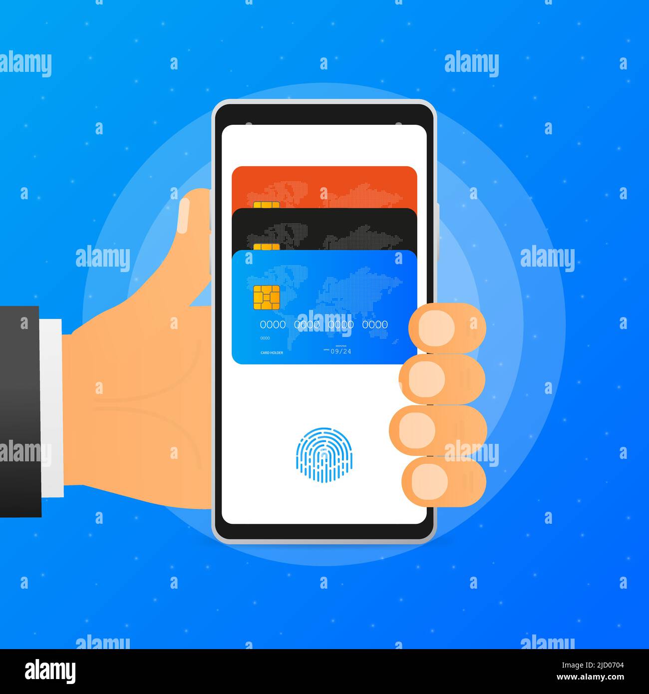 Hand holds phone with Contactless Payment Methods Mobile on blue ...