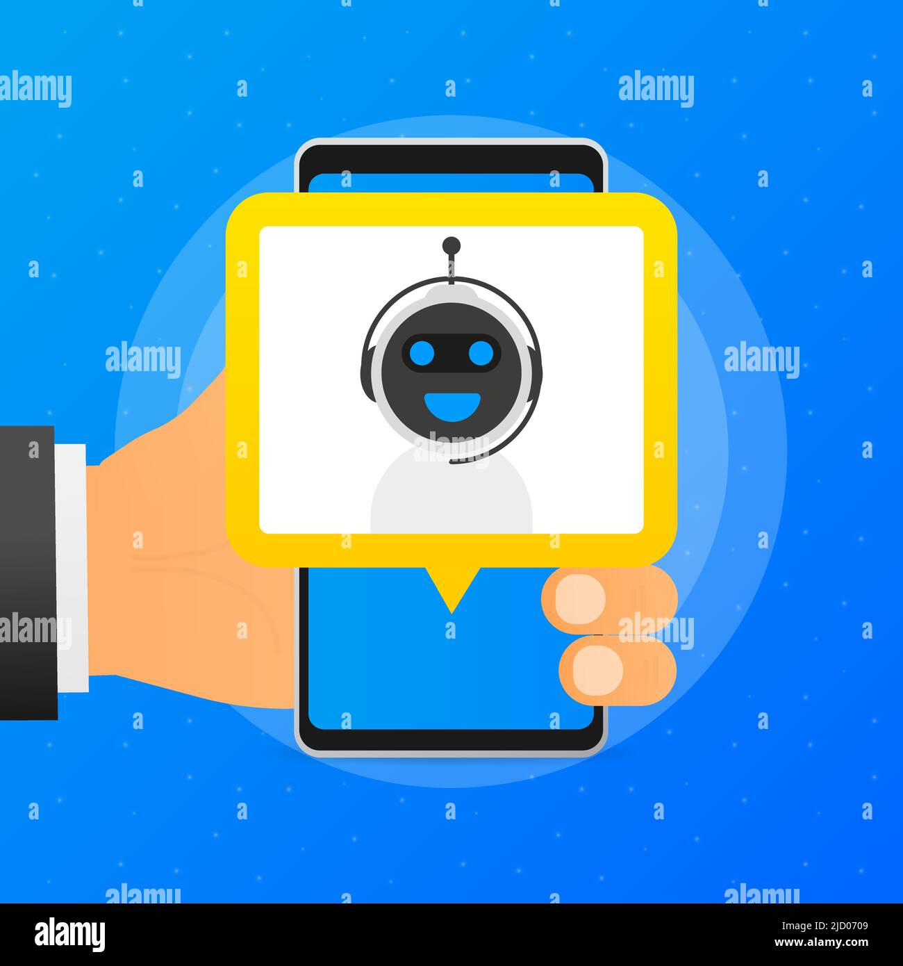 Hand holds phone with chat with bot on blue background. Vector ...