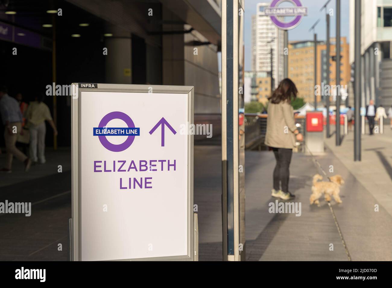 Underground signage giving direction to Elizabeth Line entrance London ...