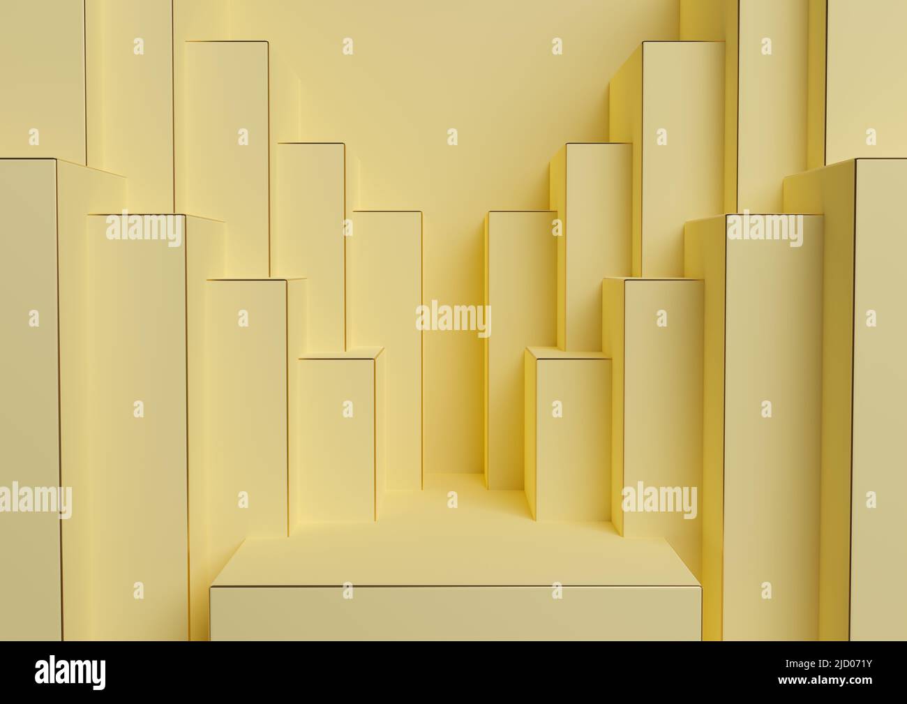 Warm, light, bright, pastel yellow 3D rendering product display podium ...