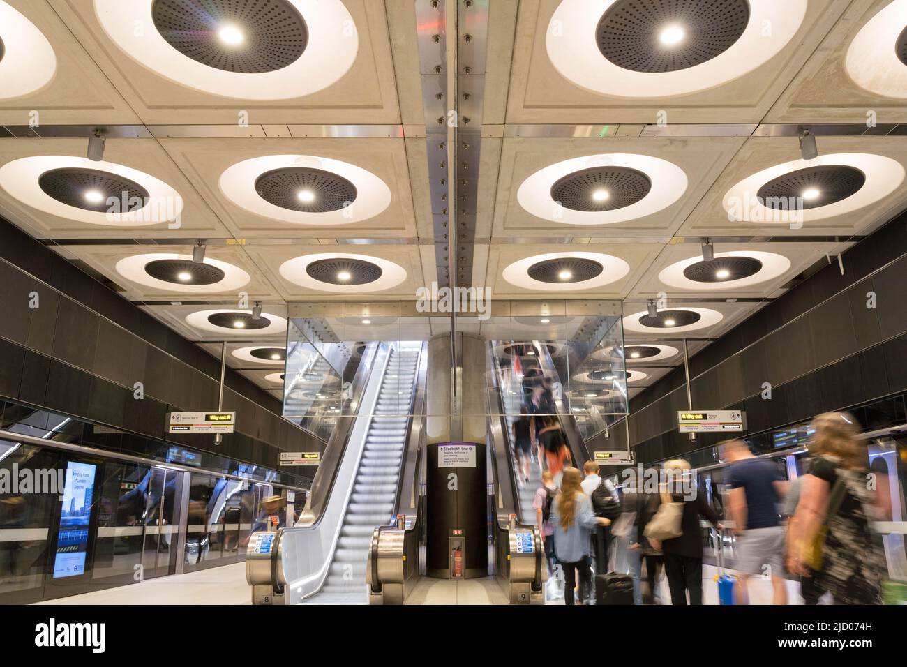 Escalators at Elizabeth line station London underground England UK ...