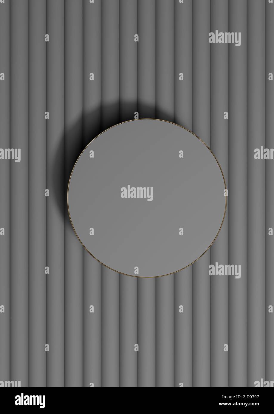 Dark graphite gray, black and white 3D rendering of top view flat lay product display cylinder ...