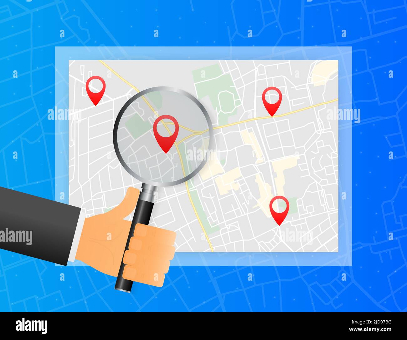 Hand holds magnifying glass in searching markers on maps on blue ...